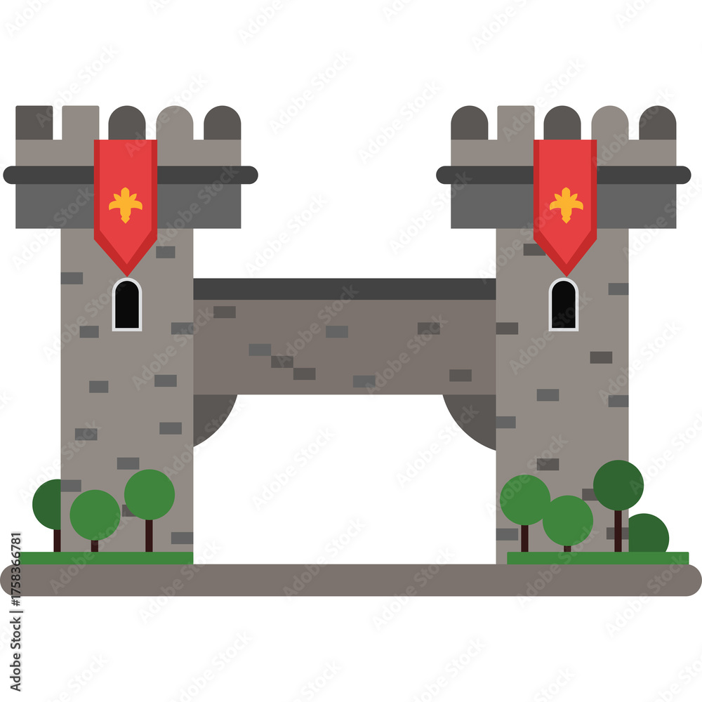 Medieval Stone Castle Gatehouse With Red Banners and Green Trees Under ...