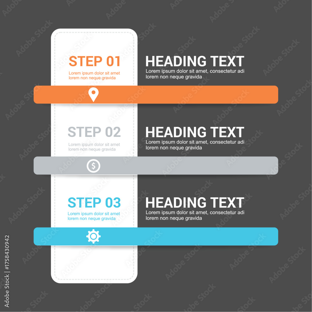 Modern infographic template with three horizontal steps and text ...
