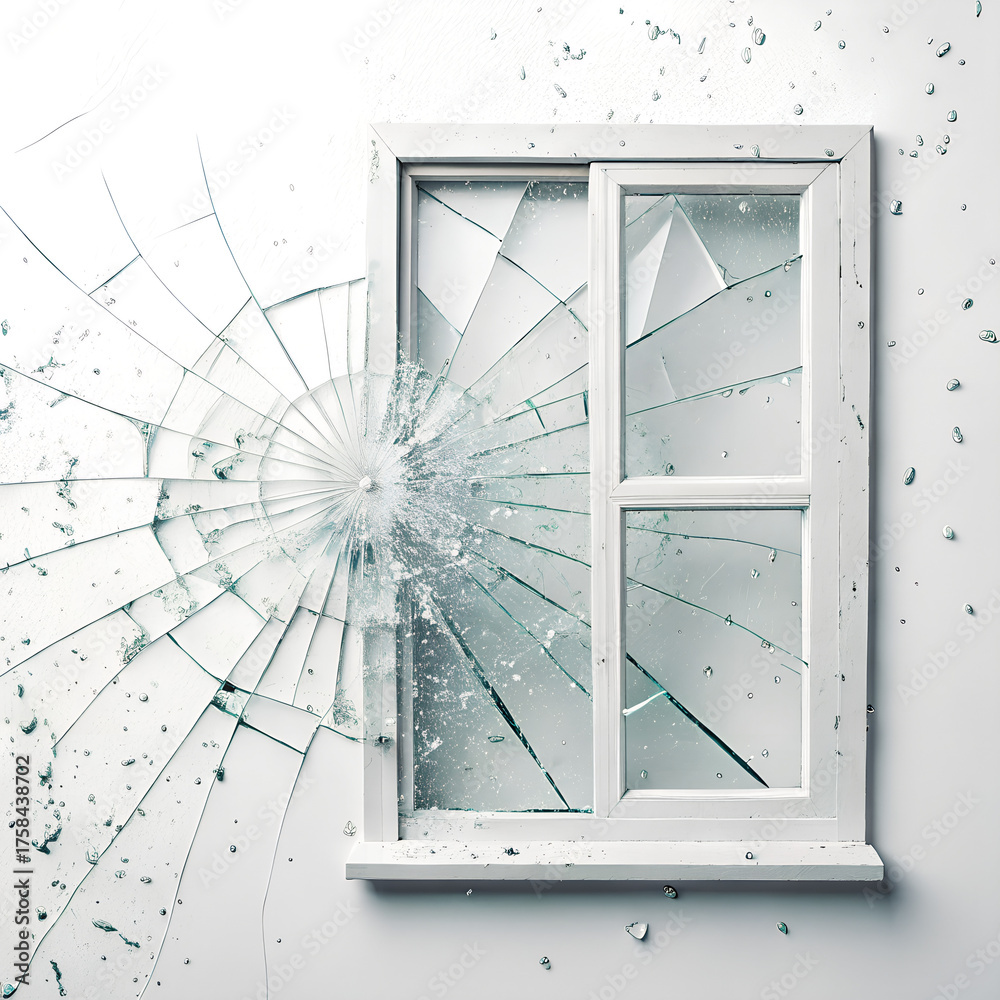 Dramatic shattered window with splintered glass and sharp shards after ...