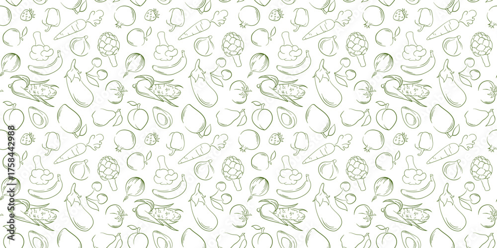 Seamless pattern with line art style fruit and vegetable on white ...