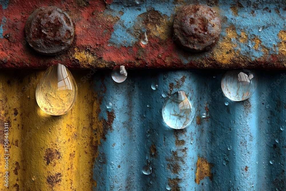 Full-frame texture shot of weathered, corrugated metal siding with ...