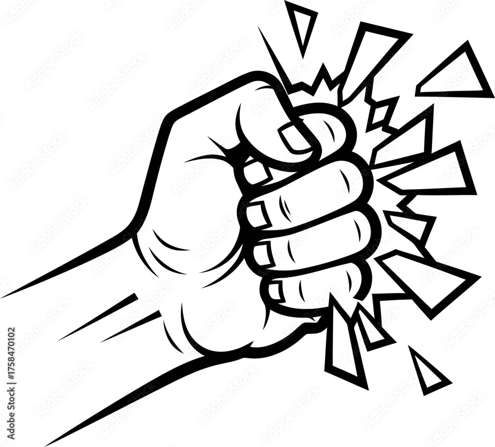 Human fist breaking something with explosion effect. Power and strength ...