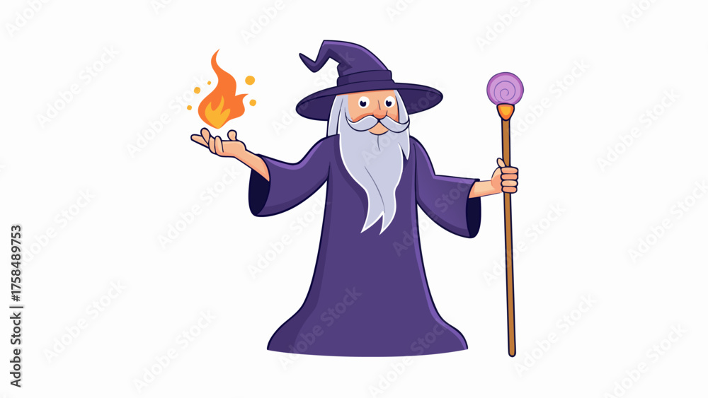 Animated Merlin Wizard Conjuring Fireball with Magic Staff, 2D Cartoon ...
