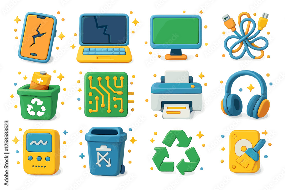 3D E-Waste Icons. 3D icons set of e-waste disposal: old smartphone ...