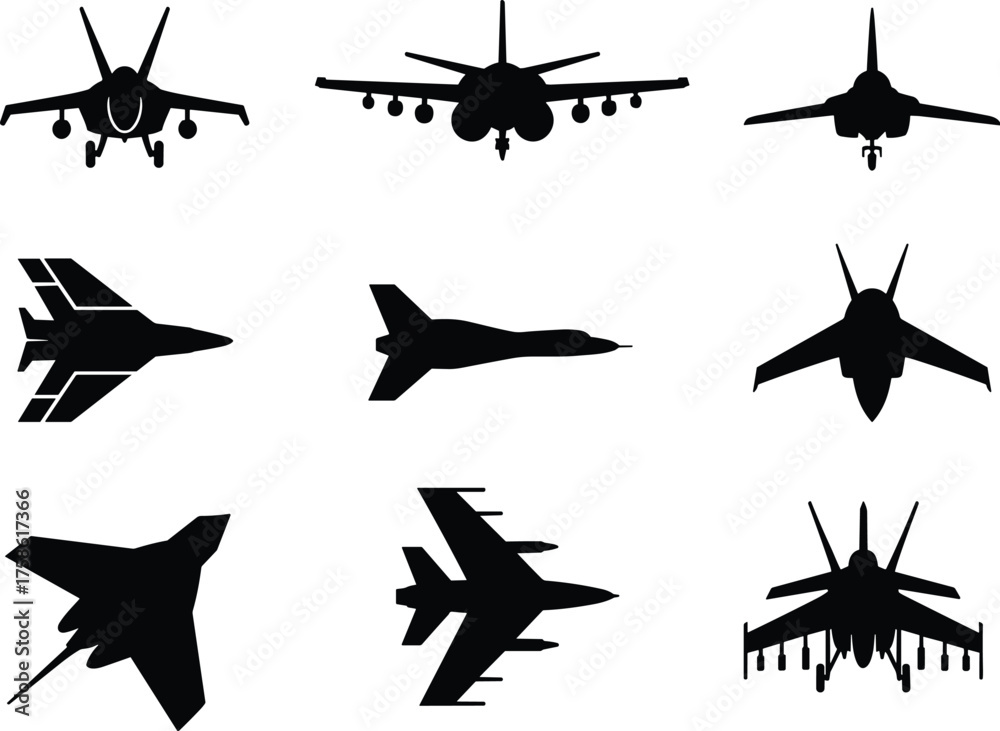Military fighter jet silhouettes, aircraft comparison grid, aviation ...