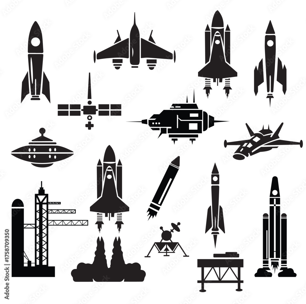 Aerospace and military arsenal icon set. Vector glyphs of fighter jets ...