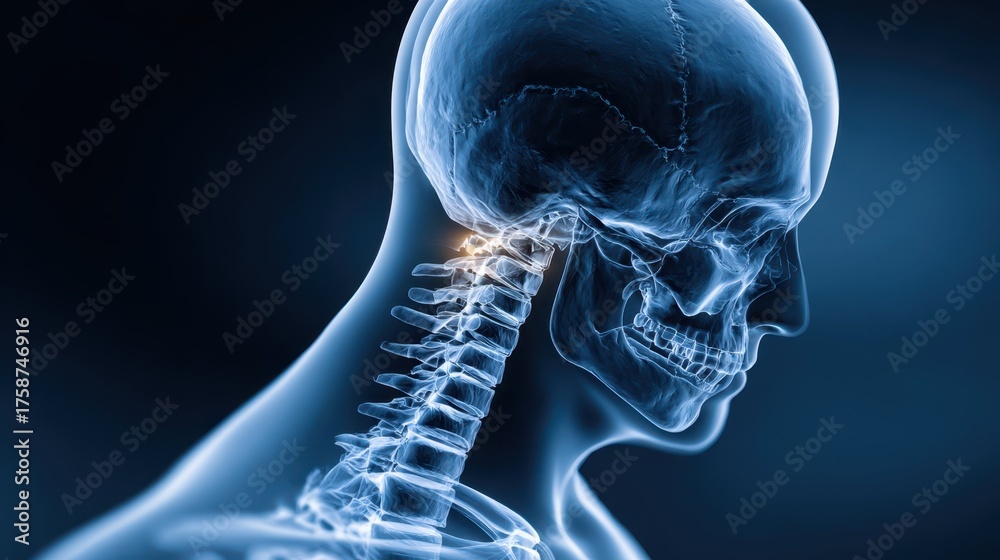 Transparent side view of human head and neck with detailed spine and ...