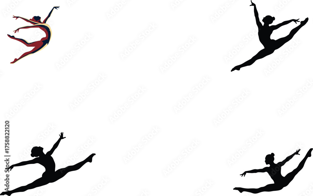 Four graphic illustrations of female dancers performing split leaps ...