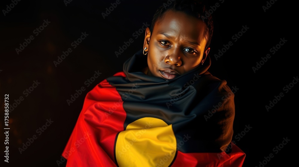 Aboriginal australian flag draped over person black background portrait ...
