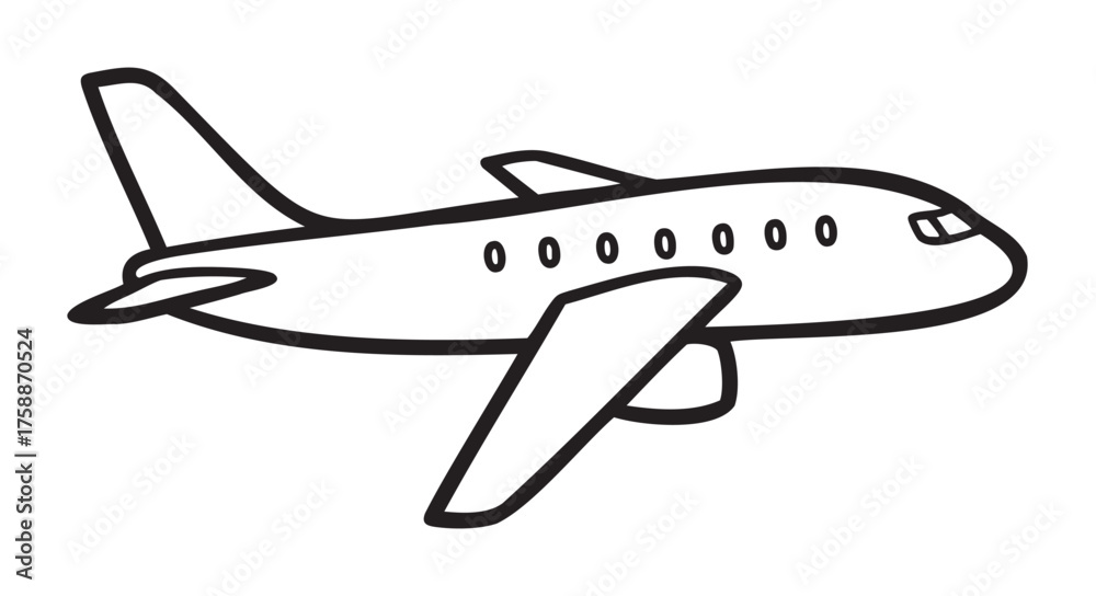 Black outline drawing of a simple commercial airplane with wings and ...