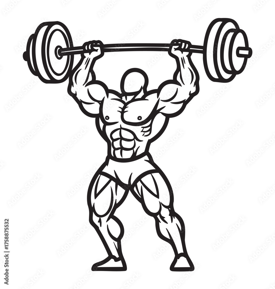 Black outline drawing of a male bodybuilder lifting a heavy barbell ...