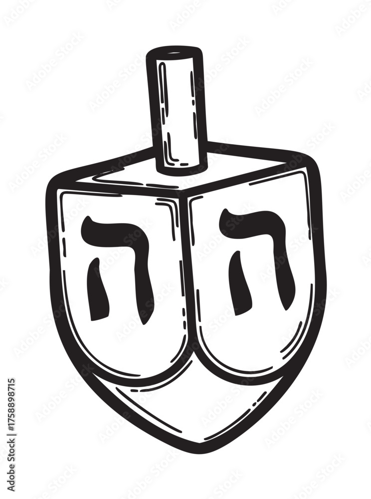 Black and white drawing of a traditional dreidel with hebrew letters on ...