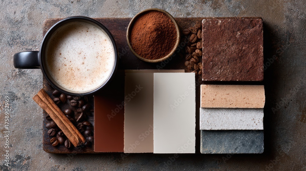 flat lay of coffee cup with chocolate, cocoa powder, and color swatches ...