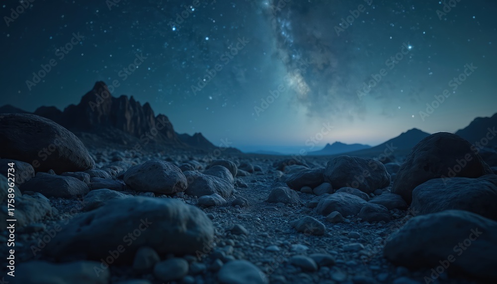 Rocky terrain under starlit sky at night. Dark landscape with large ...