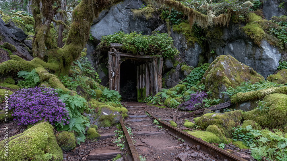 Old abandoned gold mine entrance covered in vines and moss, decayed ...