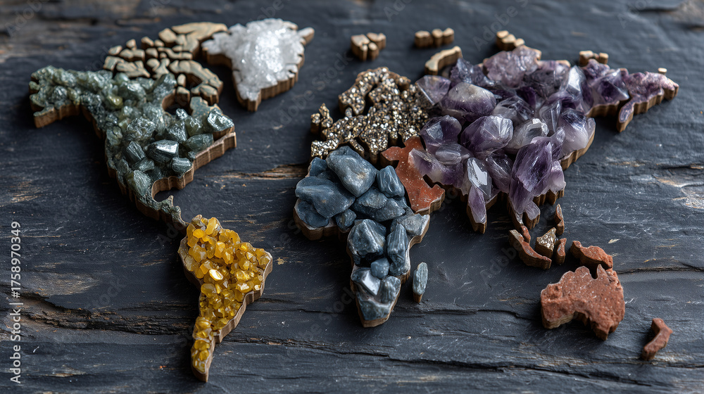 Rare earth minerals arranged on a dark surface shaped like continents ...