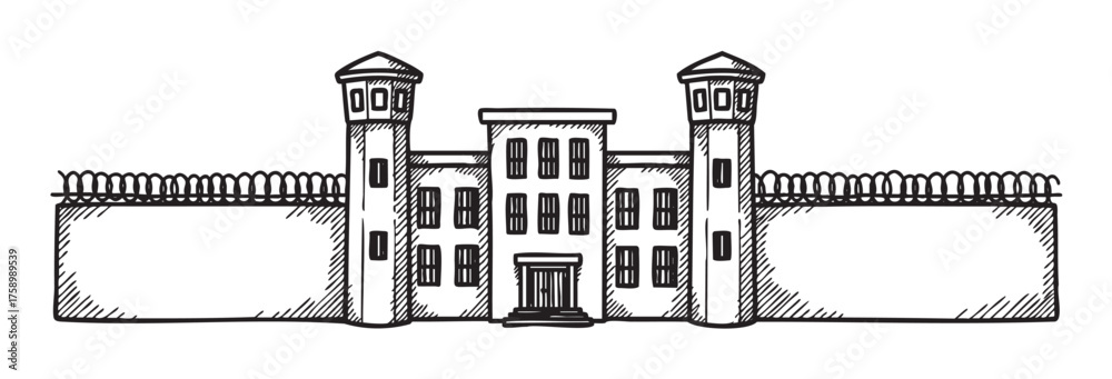 Black outline sketch of a large fortified prison with tall watchtowers ...