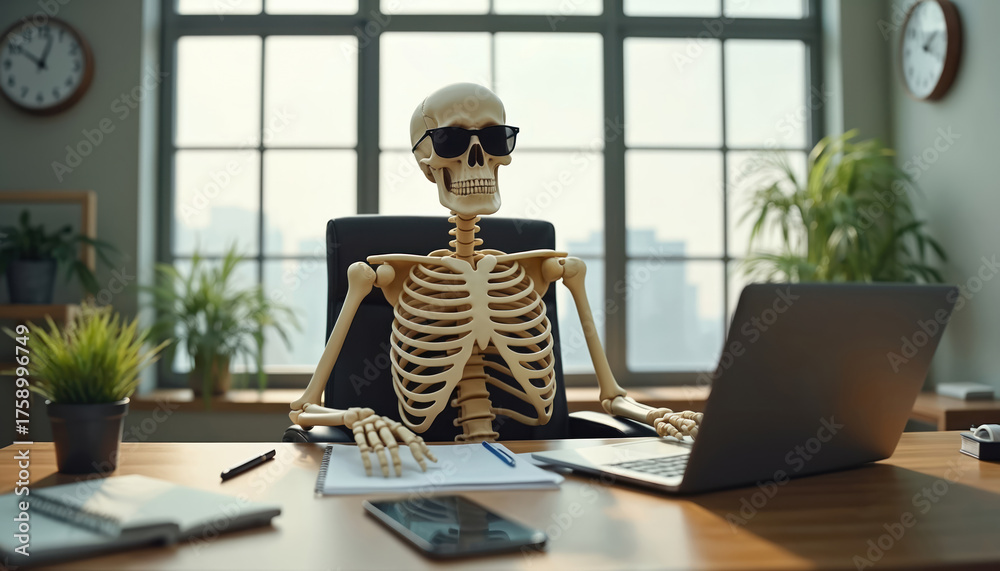 Skeleton businessman in sunglasses works on laptop at office desk. Dead ...