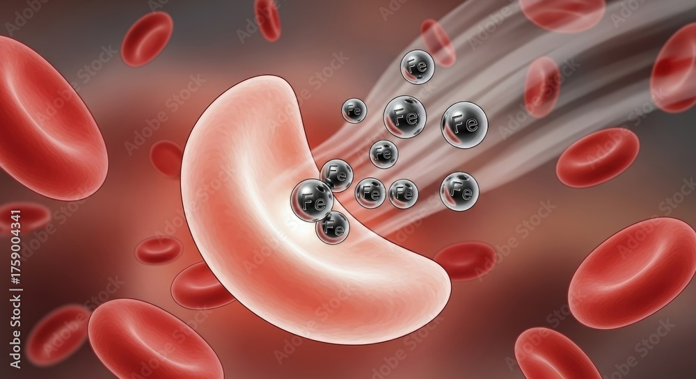 Anemia concept showing iron element particles flowing towards an ...