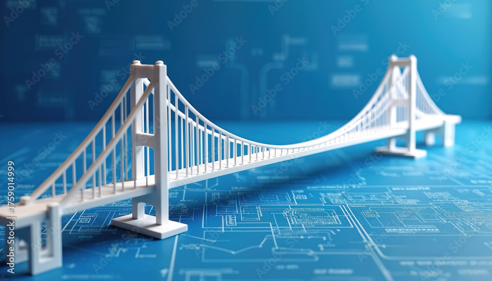 3D model of Bay Bridge rests atop blue blueprint background ...