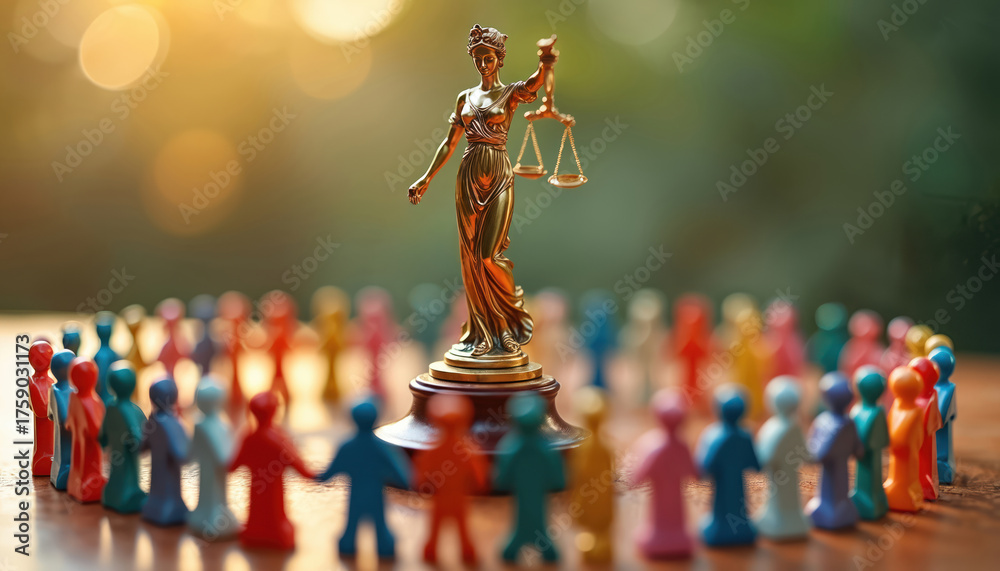 Golden statue of justice with scales surrounded by diverse colorful ...