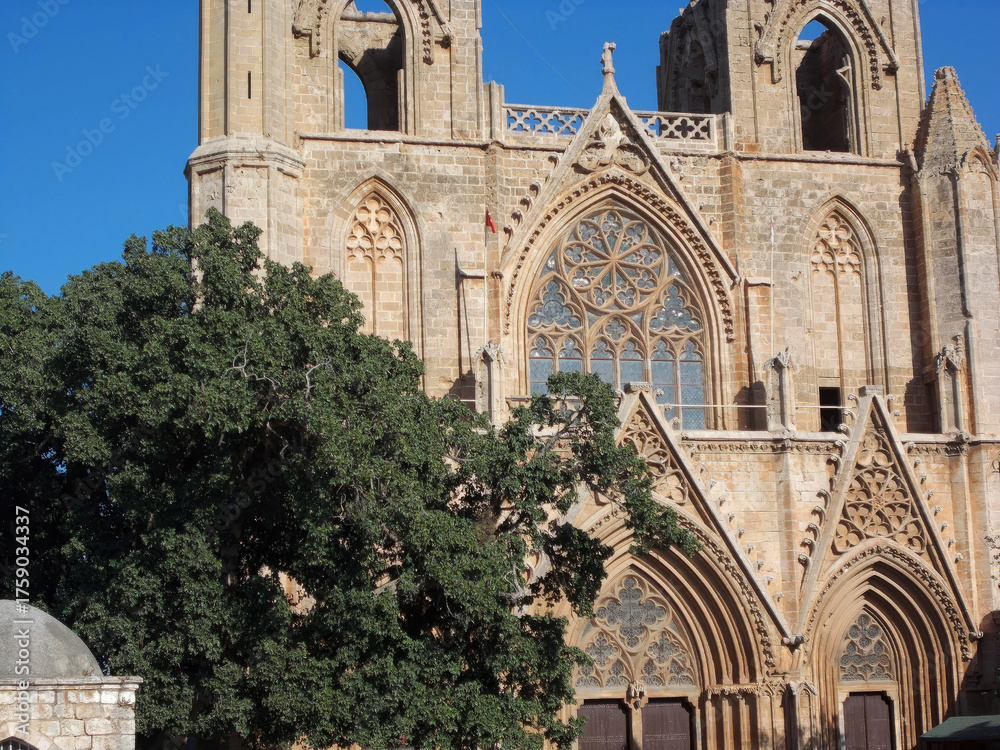 Facade of a medieval gothic cathedral in Cyprus with intricate stone ...