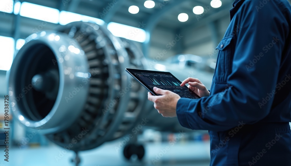 Aircraft mechanic uses tablet computer for jet engine inspection ...