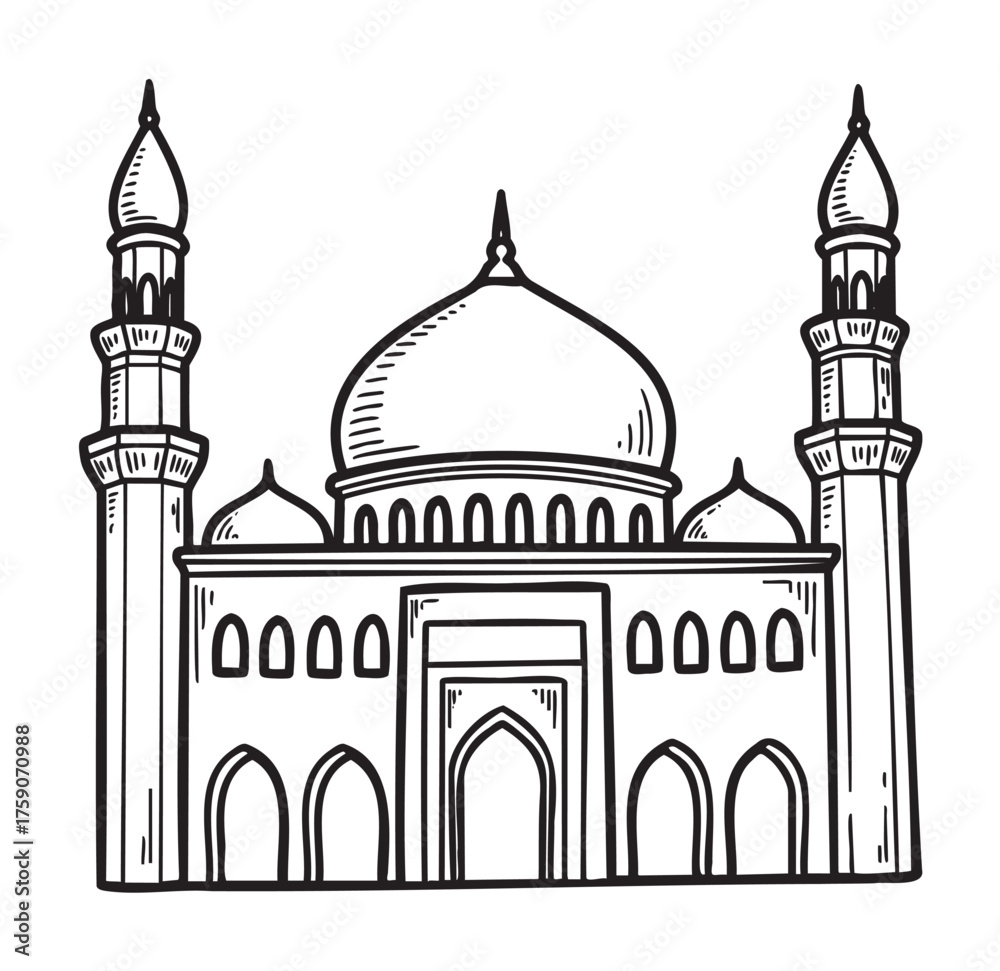Black outline drawing of a mosque with a central dome and two minarets ...