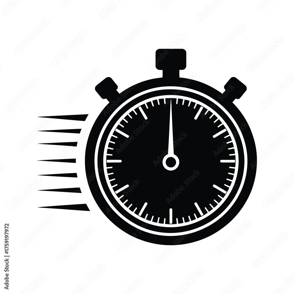 Black and white illustration of a stopwatch with motion lines ...
