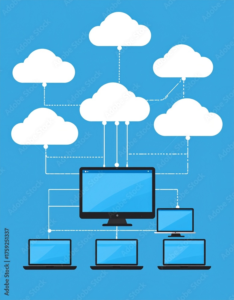 Cloud Computing Network Diagram with Laptops and Desktop Computer ...