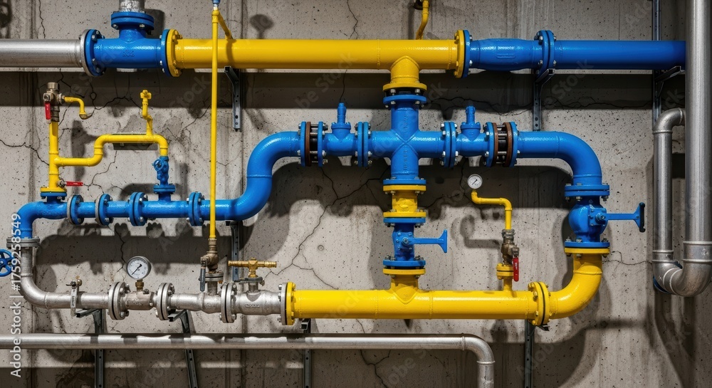 Industrial piping system with blue and yellow pipes on concrete wall ...