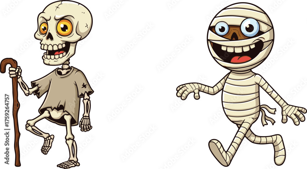 cartoon skeleton character, cartoon mummy illustration, halloween ...