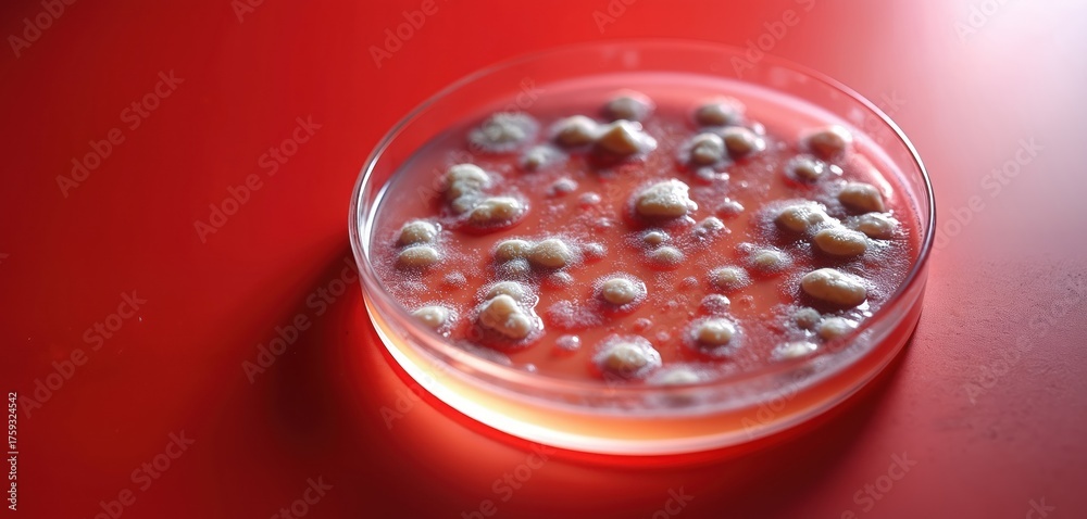 Microscopic view of yeast culture growing in petri dish with red agar ...