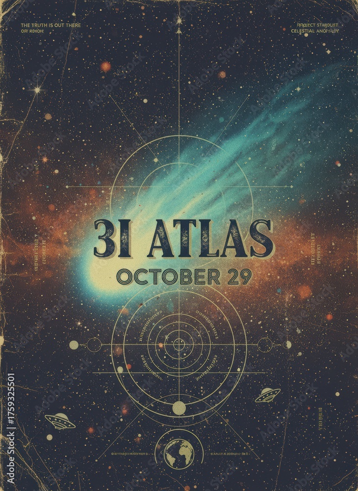 Atmospheric poster featuring glowing teal comet and text “3I ATLAS ...