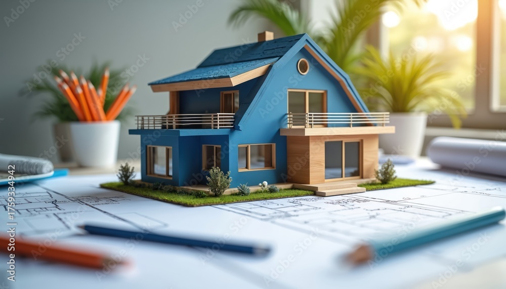 Blue and beige house model on architectural blueprint plans with ...
