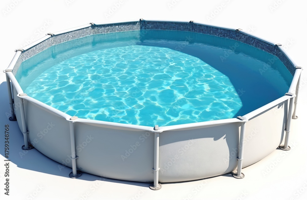 Octagonal above ground pool filled with clear blue water. Sunlight ...