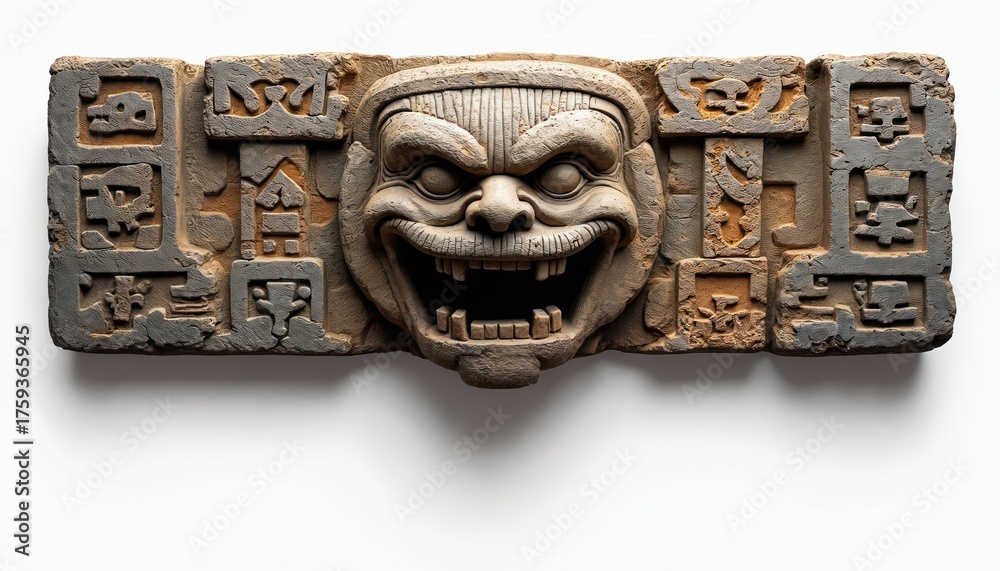 Photo Stock Ancient stone carving shows monstrous face with wide grin ...