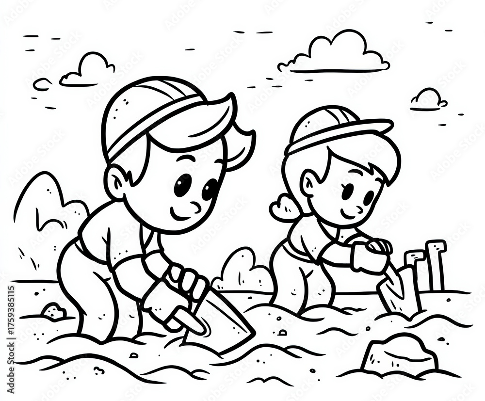 Illustration Stock Kids digging in the dirt with shovels , coloring ...