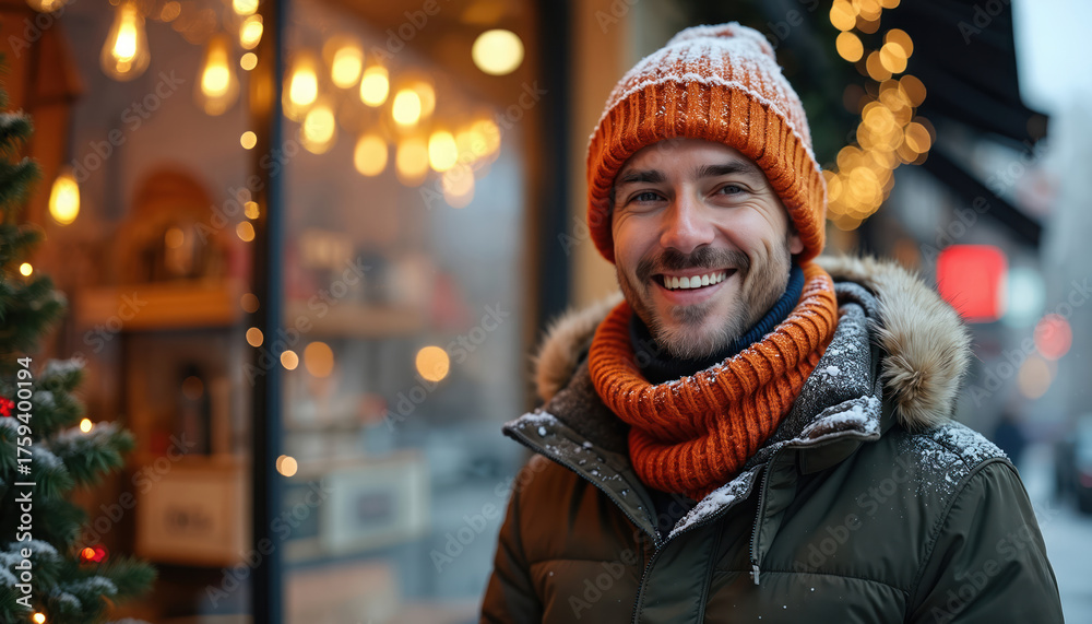 Smiling man stands in a snowy street during winter. He wears warm ...