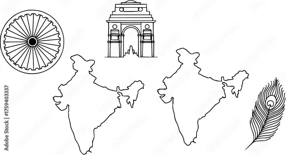 Detailed line art illustrations of India's national symbols: Ashoka ...