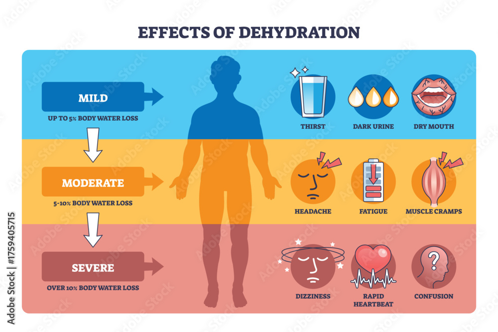 Vettoriale stock di Dehydration effects overview, human silhouette ...