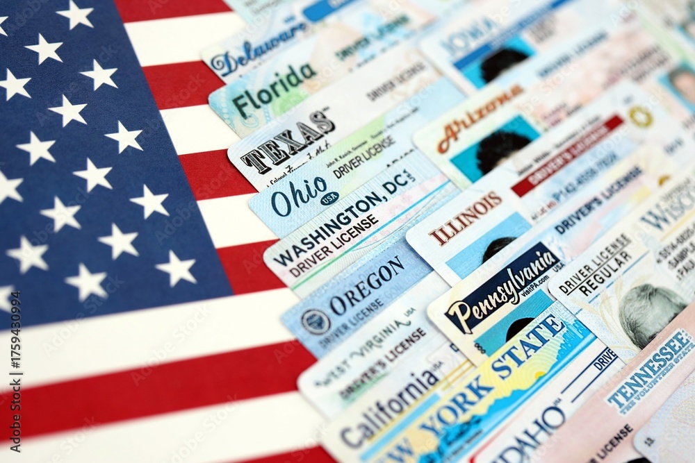 Big amount of driving licenses from different USA states on flag close ...