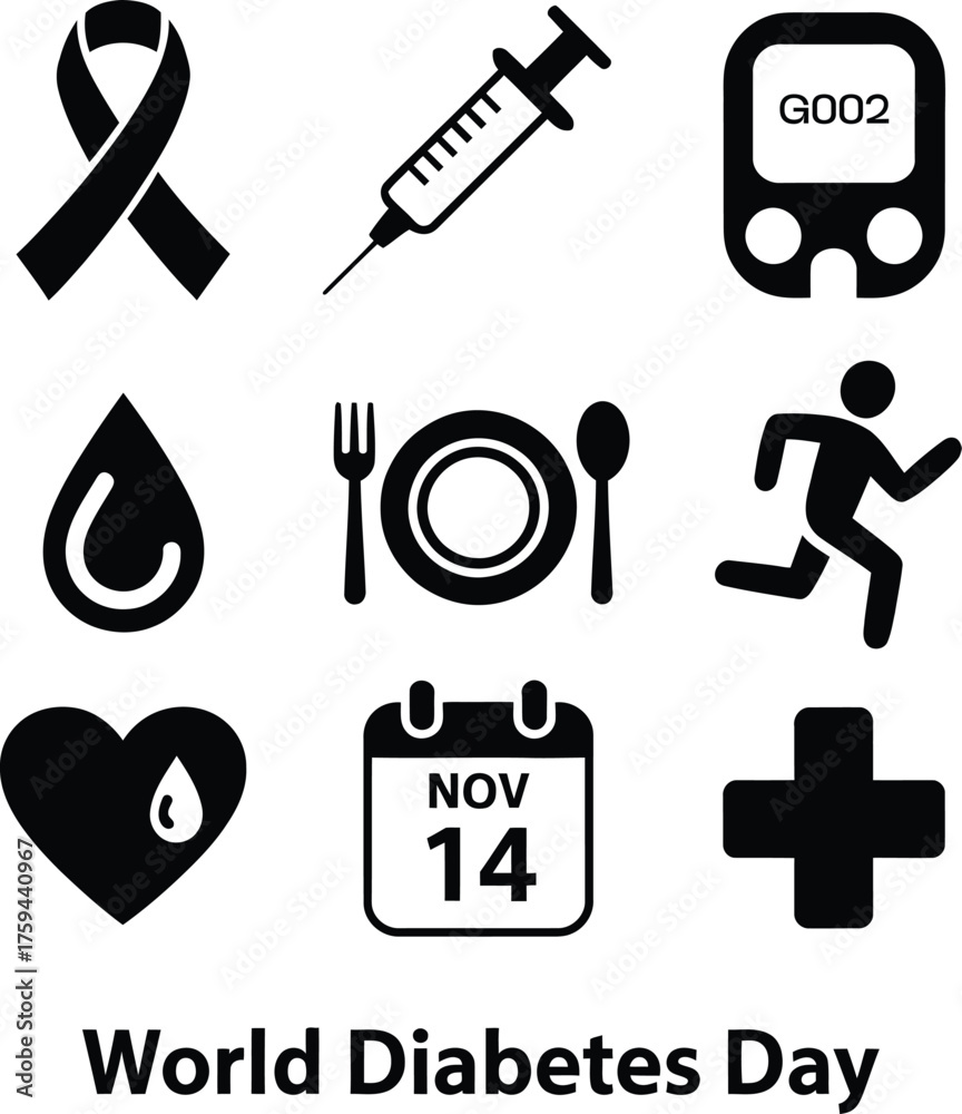 World diabetes day icons including ribbon syringe glucose meter drop ...