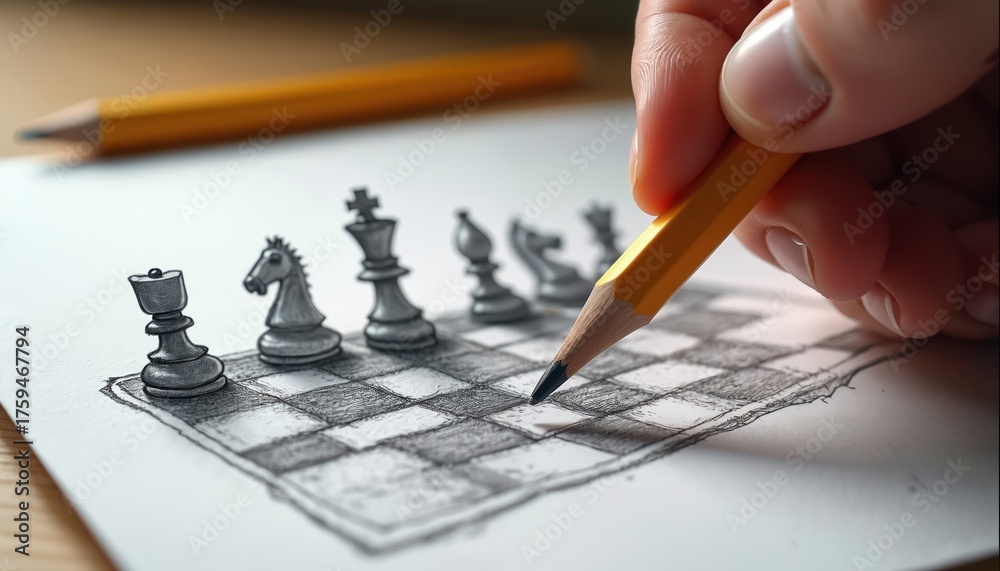 Hand draws chess board, pieces on paper with pencil. Sketch shows game ...