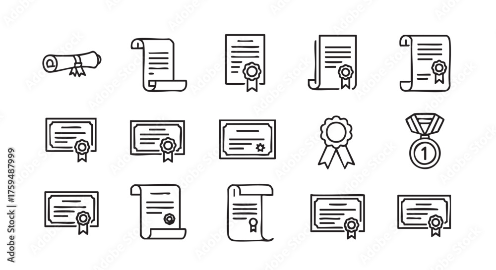 Line art diplomas and certificates icons for graduation and achievement ...