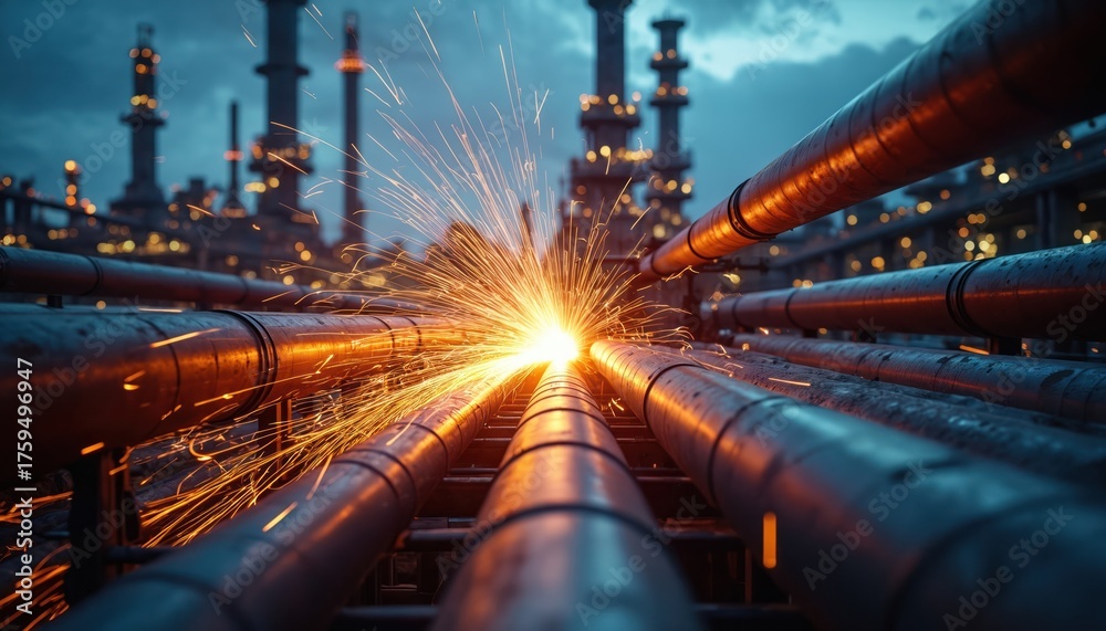 Industrial pipeline welding process with sparks. Steel pipes being ...