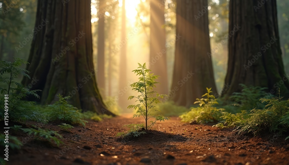 Young sapling plant grows alone in forest path. Tall giant redwood ...