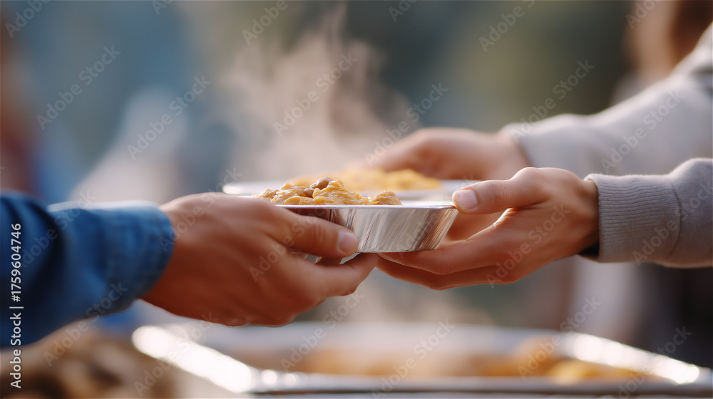 Hands serving food to another person outdoors, concept of kindness ...