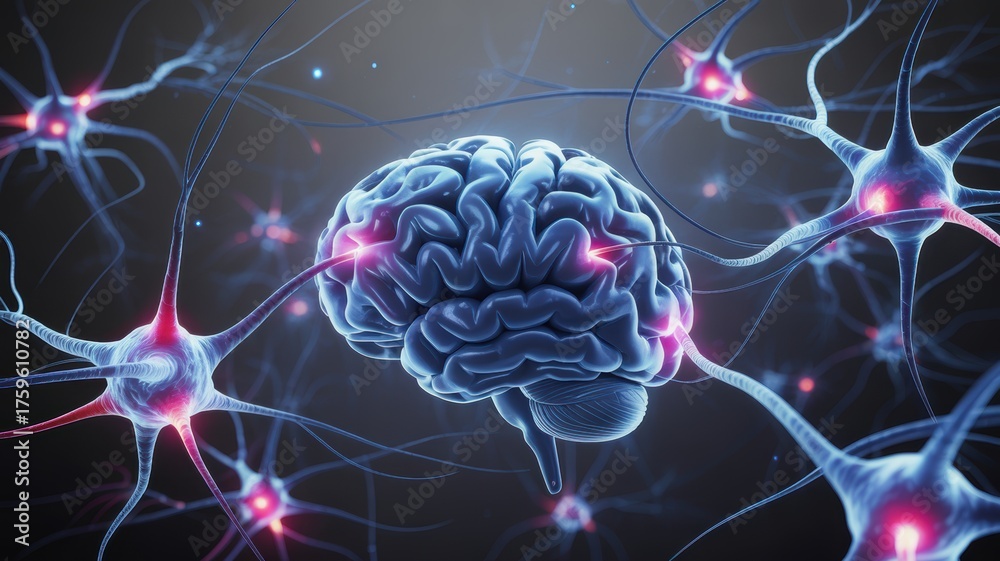 Human brain connected to nerve cells illustrating neural activity and ...