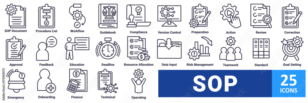 SOP (Standard Operating Procedure) icon set. with icon SOP Document ...